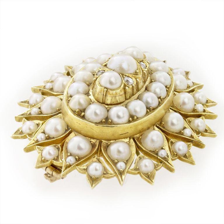 Victorian Natural Half Pearl and Diamond Brooch-Pendant For Sale at 1stDibs