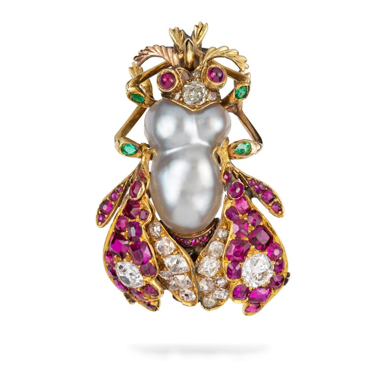 Victorian Natural Pearl Ruby and Diamond Bug Brooch at 1stDibs