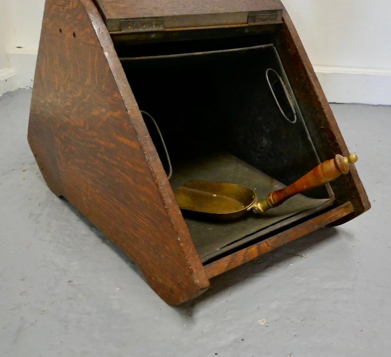 Victorian Oak Coal Box with Liner and Shovel For Sale at 1stDibs