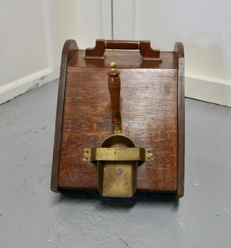 Victorian Oak Coal Box with Liner and Shovel For Sale at 1stDibs