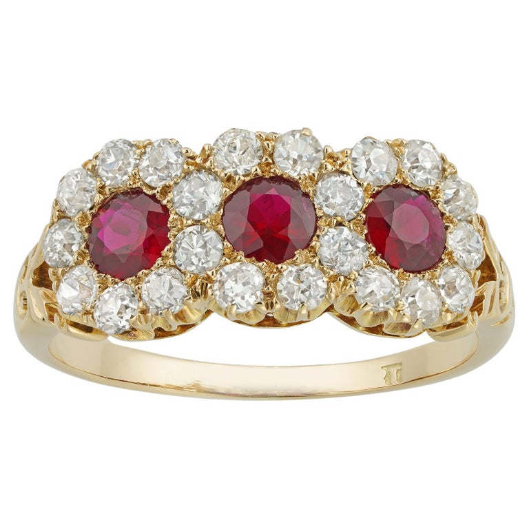 Victorian Ruby and Diamond Triple Cluster Ring at 1stDibs
