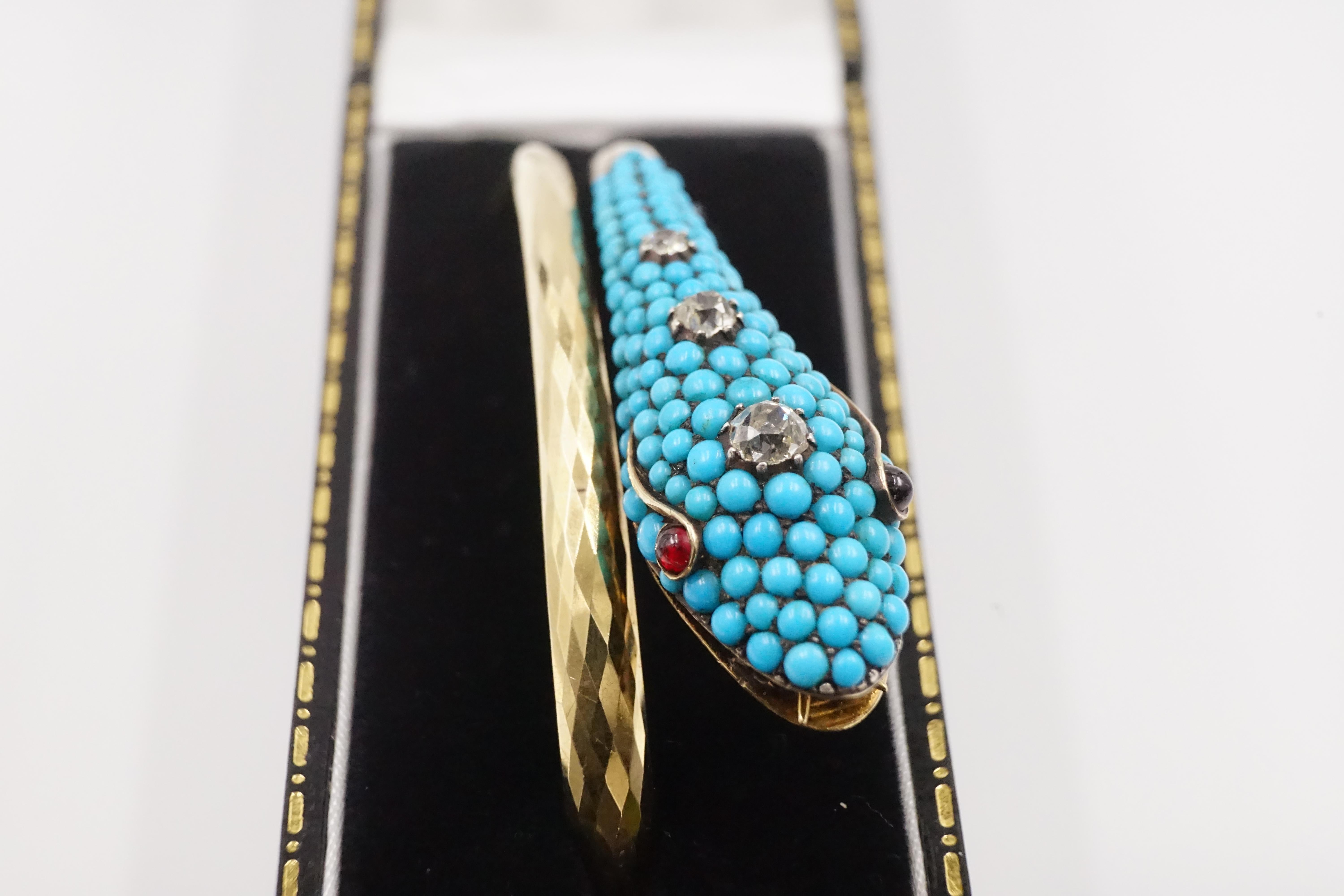 Victorian Turquoise, Diamond, Ruby and Diamond Cut Gold Snake Bangle ...