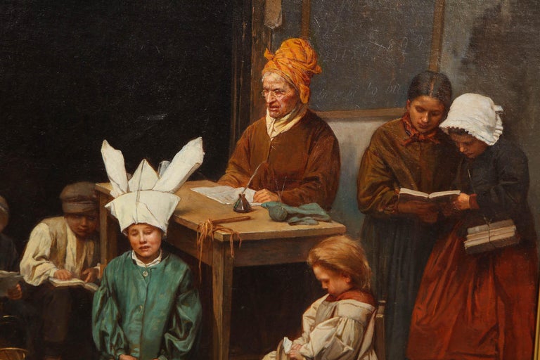 "A Village School" American Oil on Canvas, Kids in Class, Constant ...