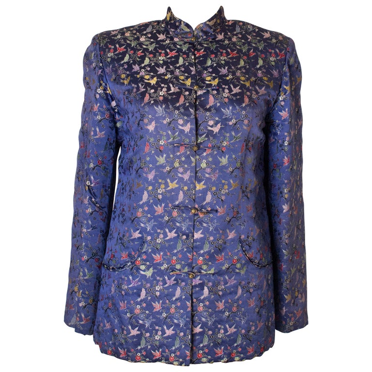 A Vintage 1950s Embroidered Floral Chinese Blue Silk Jacket For Sale at ...