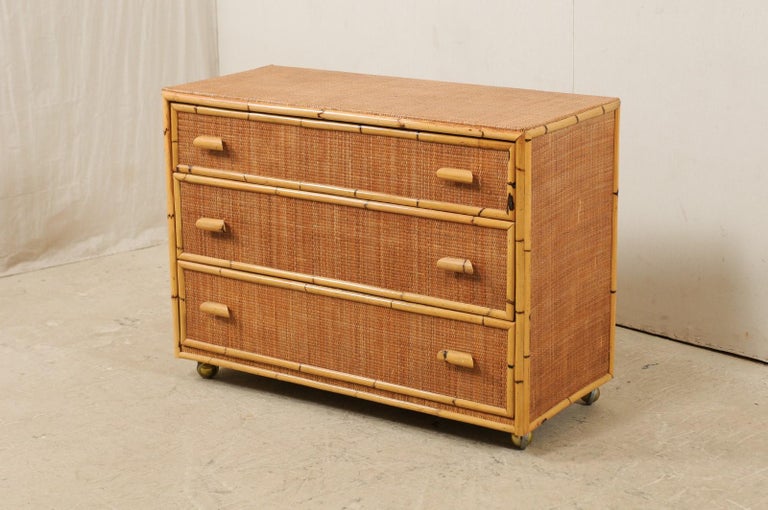 Vintage Bamboo and Handwoven Cane Chest of Three Drawers at 1stDibs