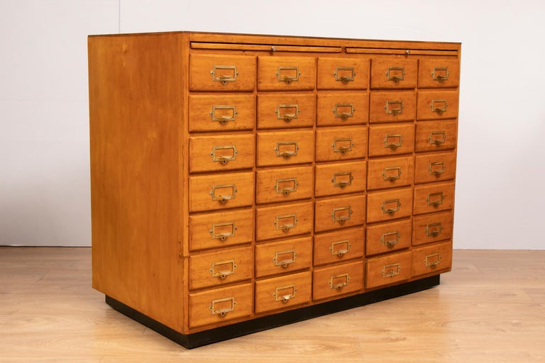 Vintage Bank of 35 Drawers with Brass Handles, Label Holders and Two ...
