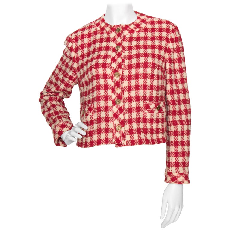 A Vintage Chanel Red and White Cropped Boucle Jacket at 1stDibs