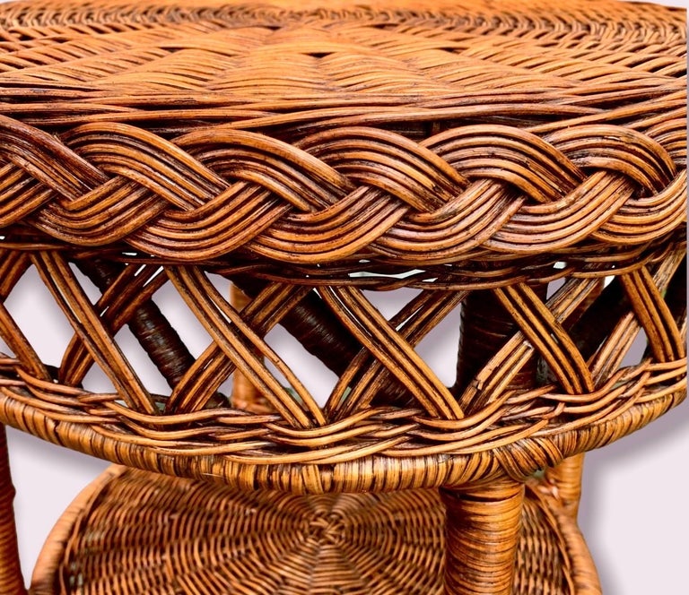 Vintage Wicker over Rattan Rd. End/Side Table For Sale at 1stDibs