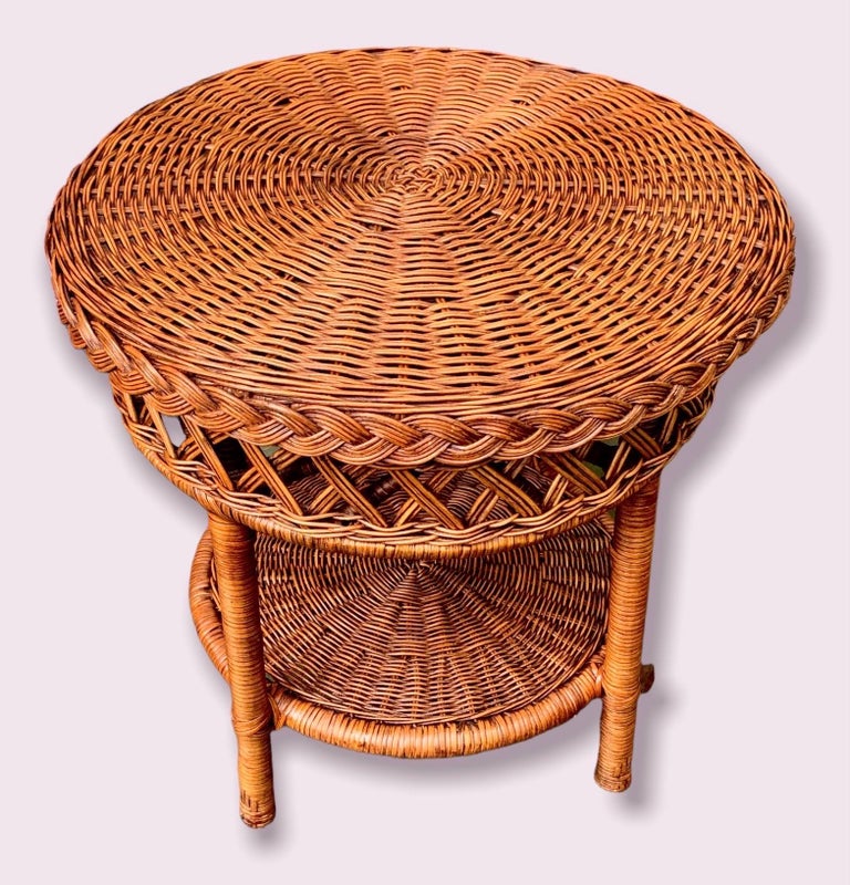 Vintage Wicker over Rattan Rd. End/Side Table For Sale at 1stDibs