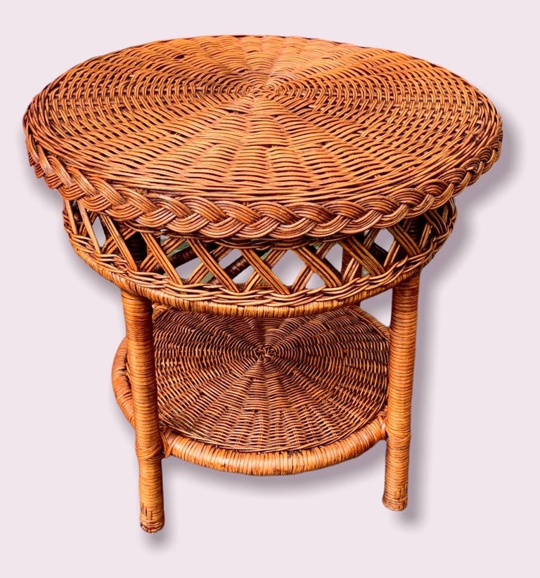 Vintage Wicker over Rattan Rd. End/Side Table For Sale at 1stDibs