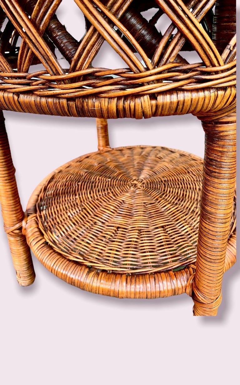 Vintage Wicker over Rattan Rd. End/Side Table For Sale at 1stDibs