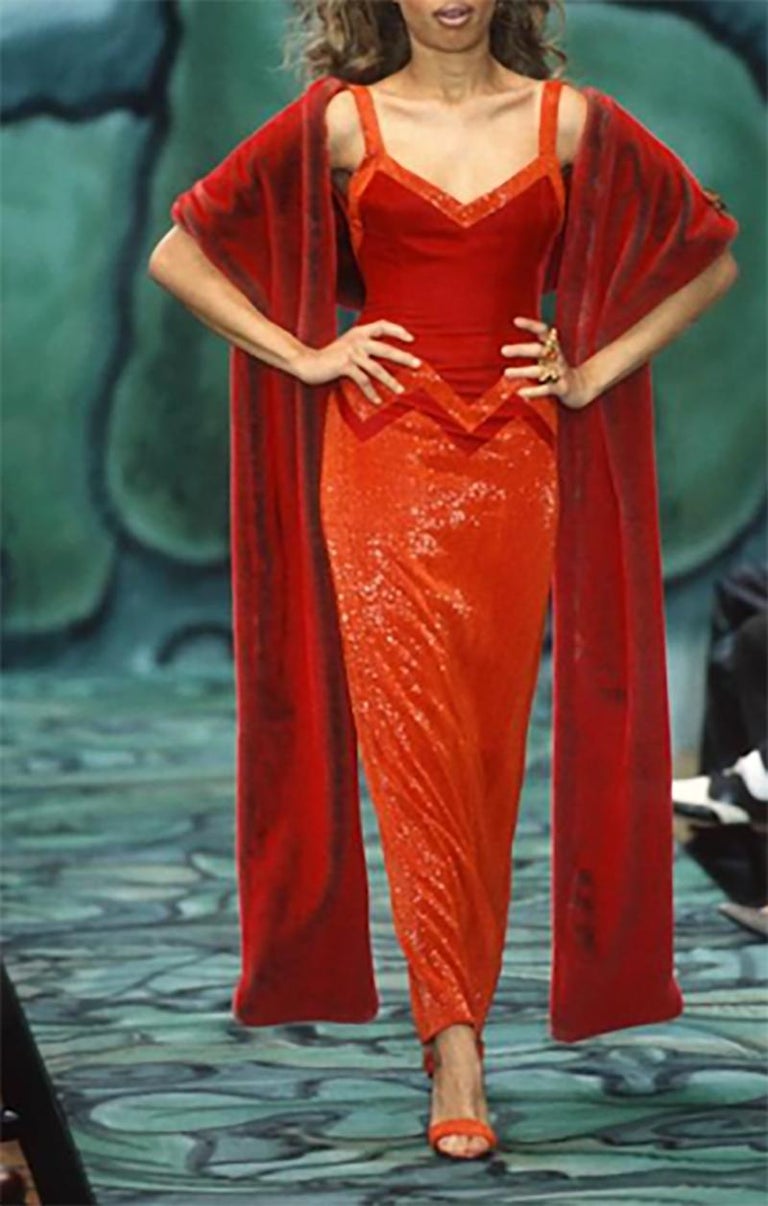 A/W 1996 Todd Oldham Red and Orange Beaded Gown For Sale at 1stDibs