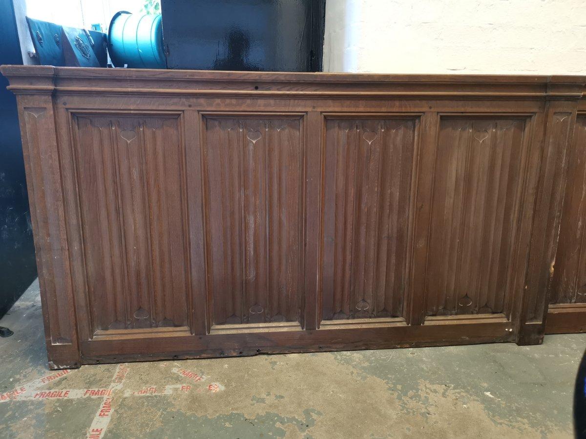 A W N Pugin, attributed, Four Pieces of Gothic Revival Oak Linen Fold ...