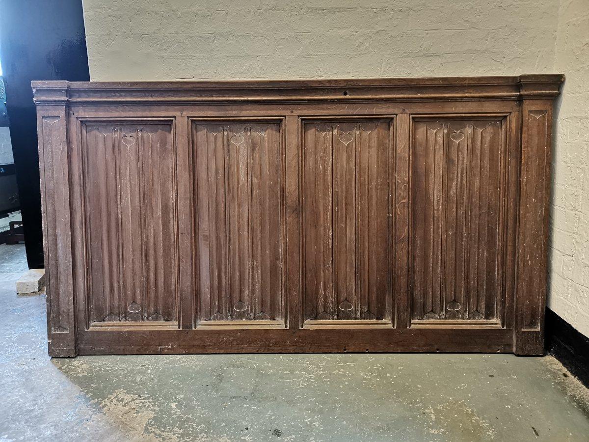 A W N Pugin, attributed, Four Pieces of Gothic Revival Oak Linen Fold ...