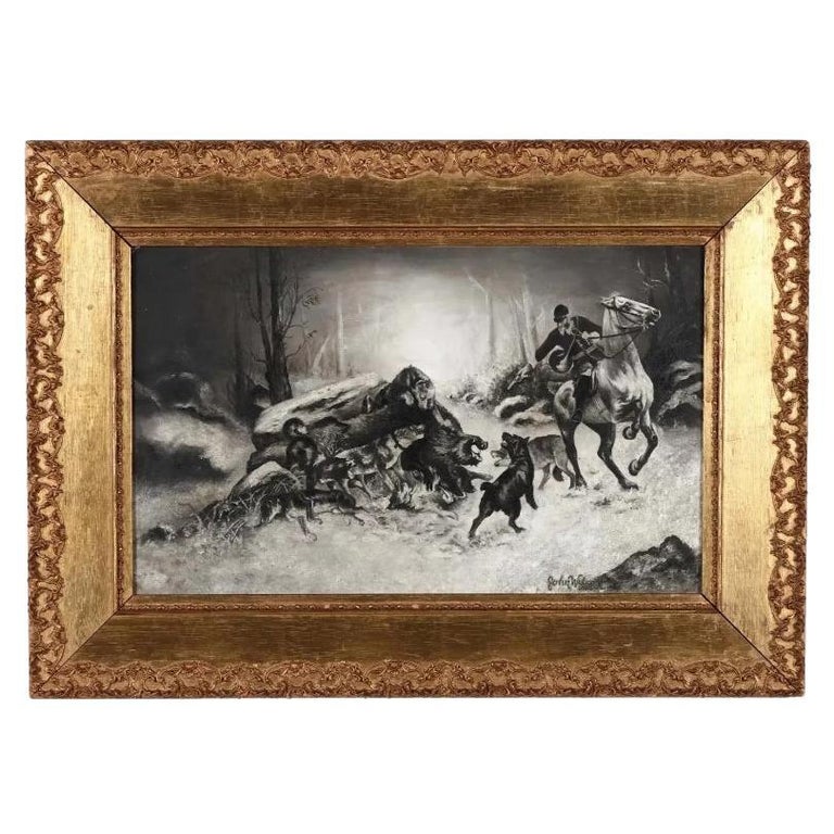Wild Boar Hunt, huile sur panneau peinte en grisaille, États-Unis, XIXe ...