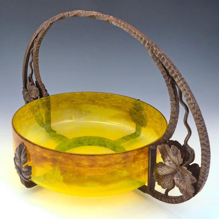 Wrought Iron Mounted Glass Bowl Centrepiece by Degue, circa 1930 For ...