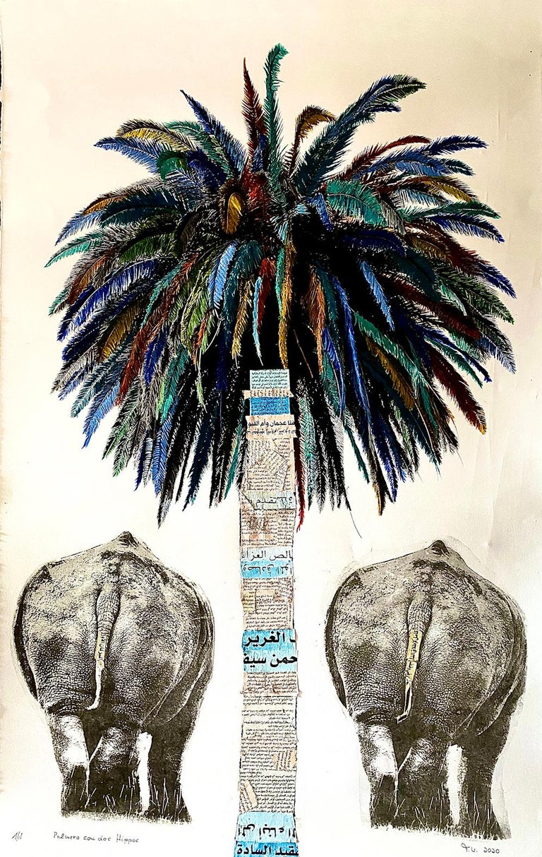 Frank Westermann - Palm tree with two hippos For Sale at 1stDibs