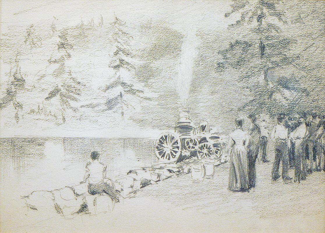 Henry Bayley Snell - Henry Snell, Figures with Firetruck, Pencil ...