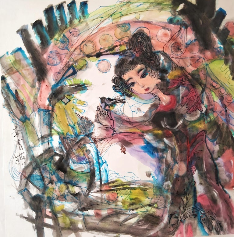 Li Qing-Yan - Chinese Contemporary Art by Li Qing-Yan - Giraffe Drinking Water For Sale at 1stDibs