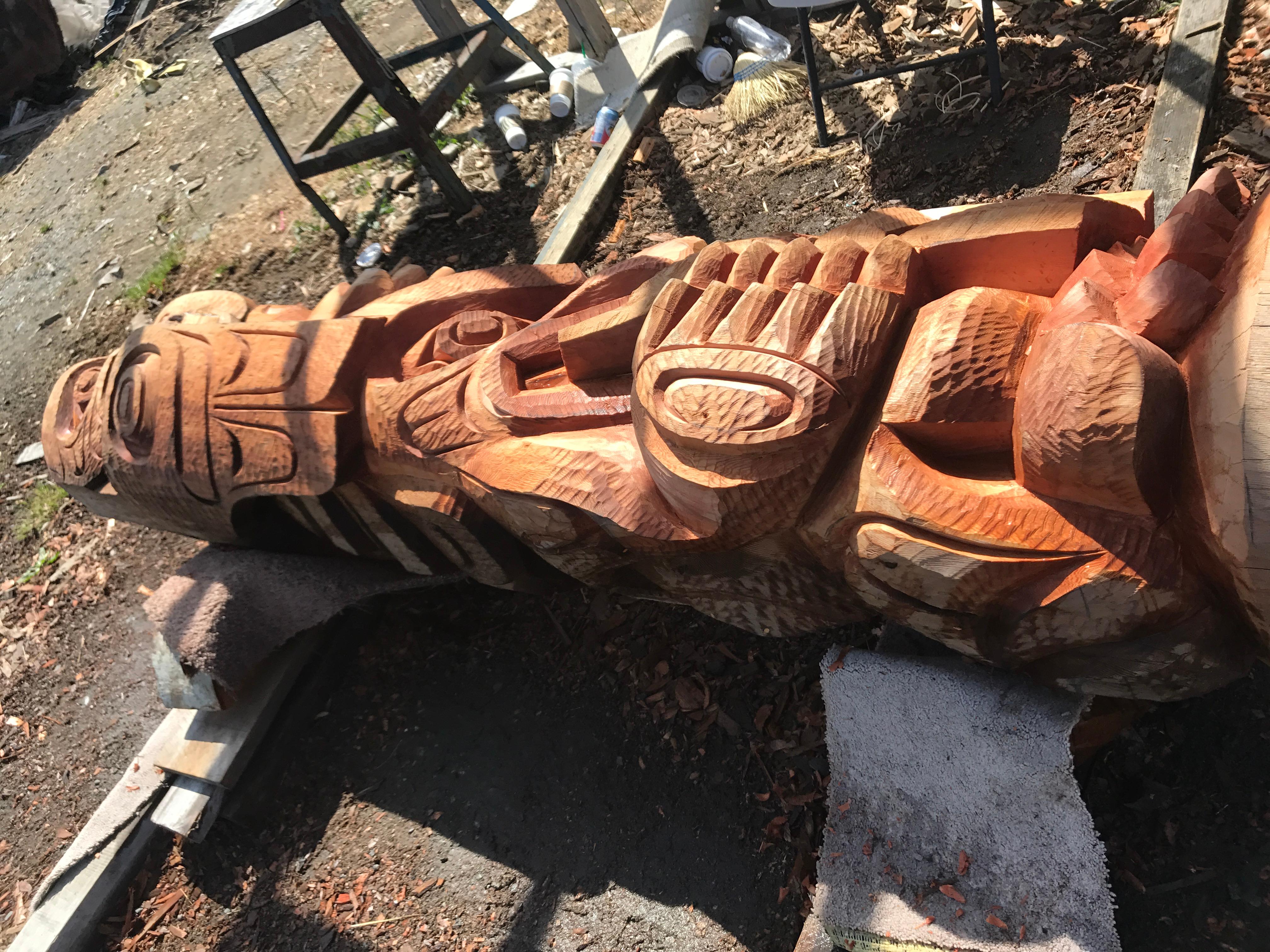 Tom Hunt - Original red cedar totem pole by Tom Hunt EAGLE, MAN, BEAR ...