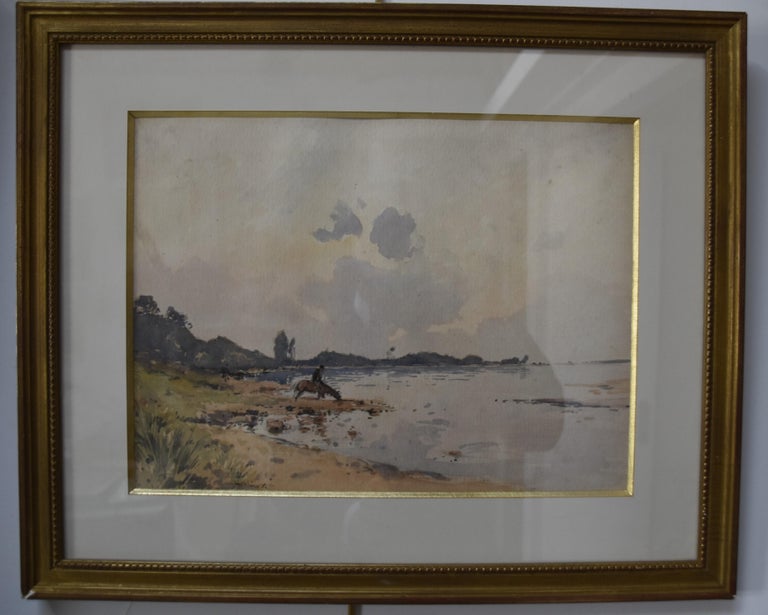 Paul Lecomte - Paul Lecomte (1842-1920) A rider and his horse by a river, signed watercolor For ...