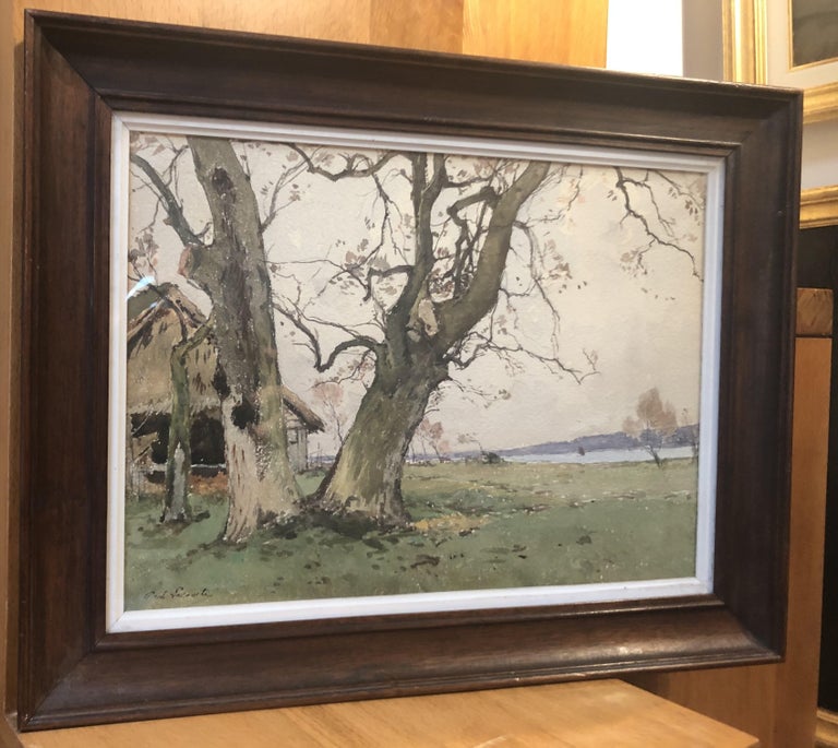 Paul Lecomte - Paul Lecomte (1842-1920) Two big trees in a field, signed watercolor at 1stDibs
