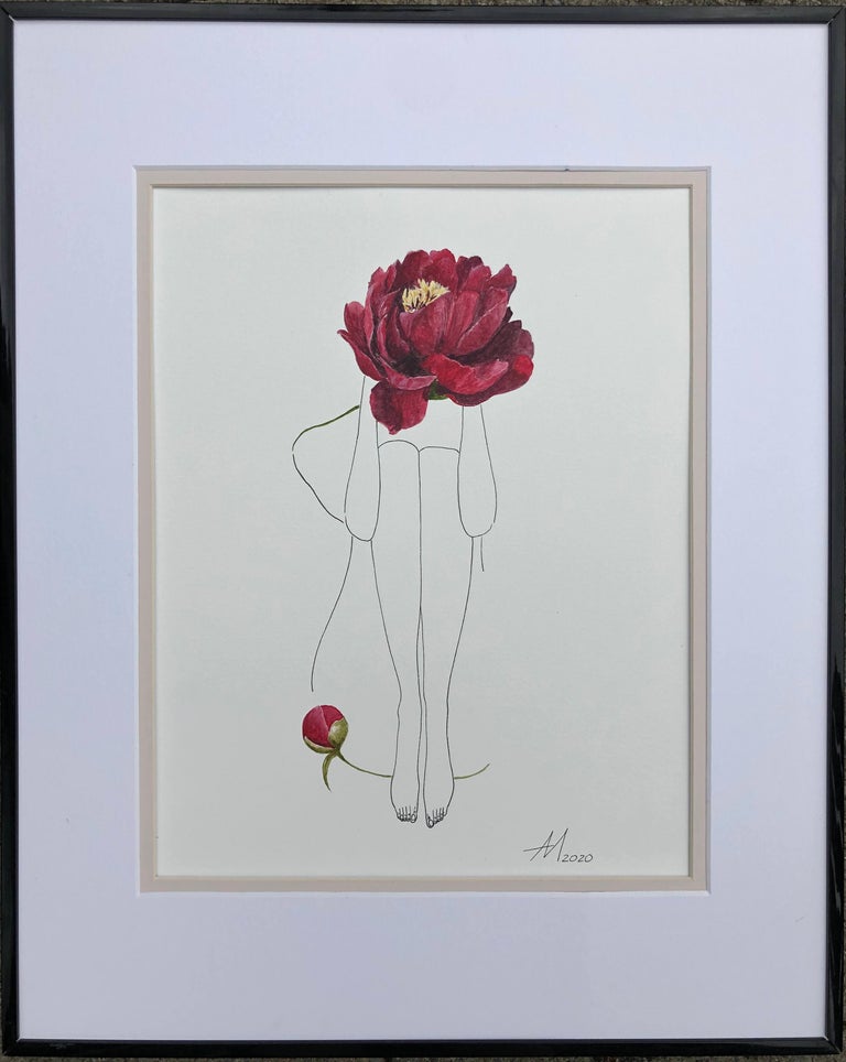 Mila Akopova - Red peony - line drawing woman figure with flower For ...