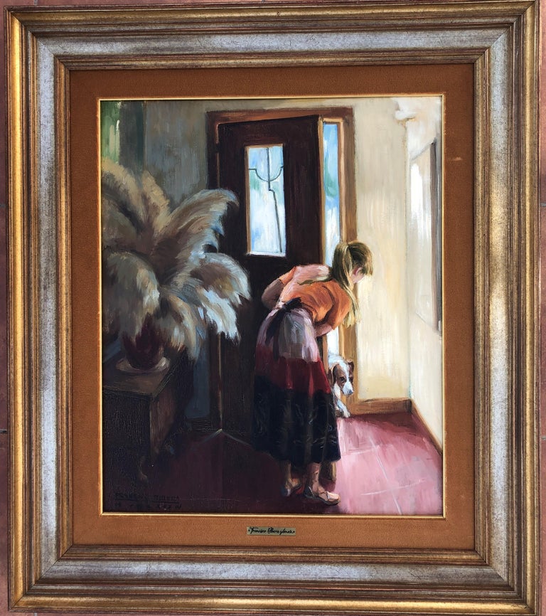 Francisco Ribera - Woman and dog original oil on canvas painting at 1stDibs