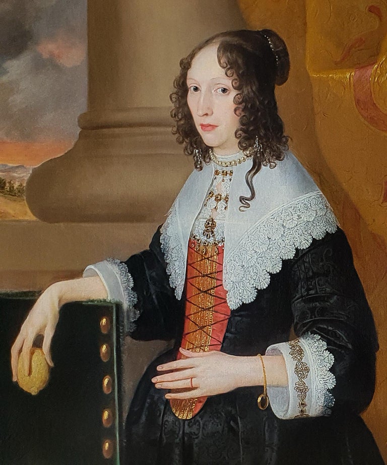 Portrait of a Lady Holding a Lemon with Landscape Beyond c.1640 Antique ...