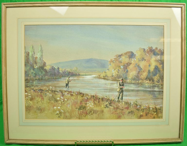 Graham Smith - Two Anglers On A Riverbank Watercolour and Gouache by ...