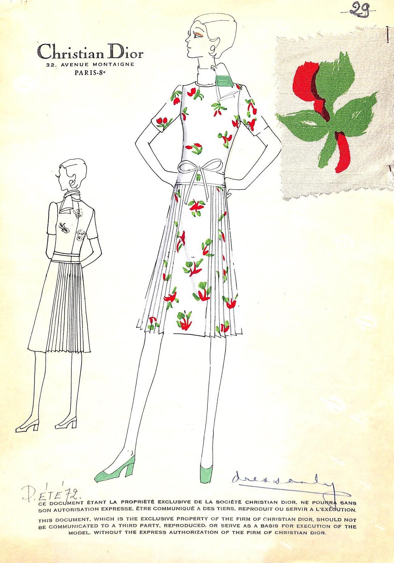 "Christian Dior c1972 Fashion Illustration No 29 w/ Fabric Swatch" For ...
