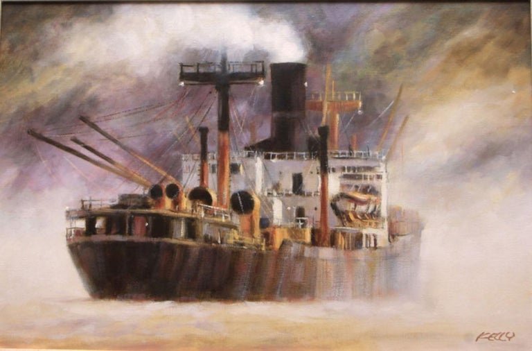 John Kelly - Tramp Steamer-Framed Original Oil on Canvas, Signed by ...