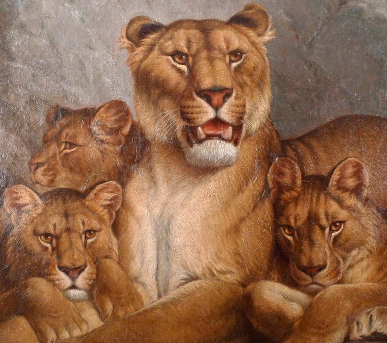 Pierre-Napoléon Eugène Relin - "Lioness and Cubs", 19th Century Oil on ...