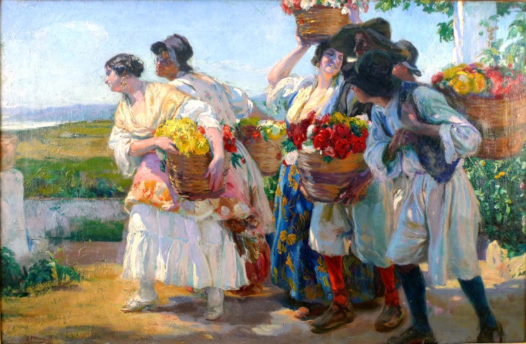 José Mongrell - "Valencian Flower Pickers ", Early 20th Century Oil on ...
