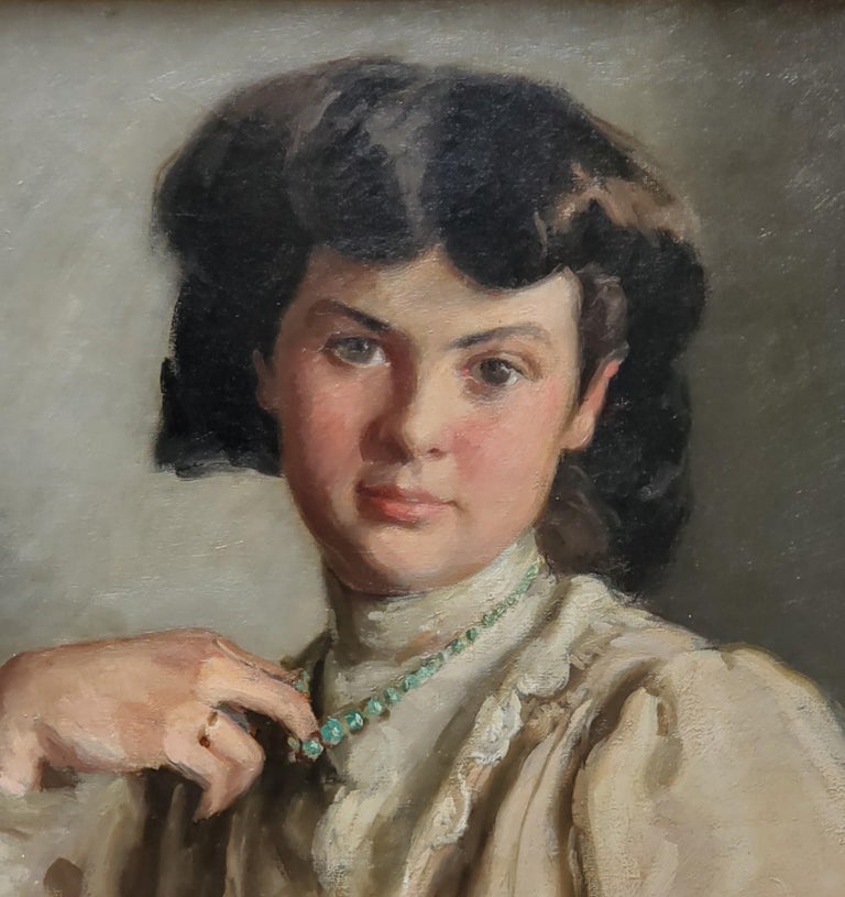 Ronald Gray - Portrait Of A Woman Pulling On Her Necklace an Oil ...