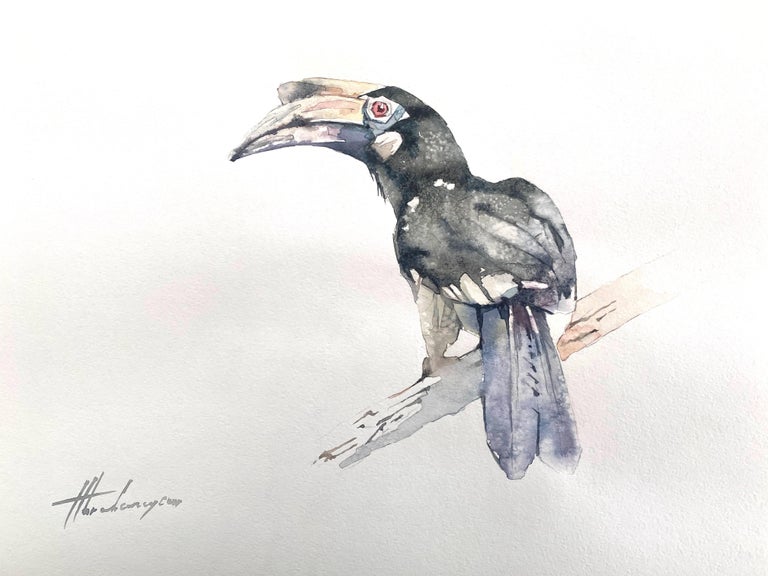 Artyom Abrahamyan - Hornbill, Watercolor Handmade Painting For Sale at ...