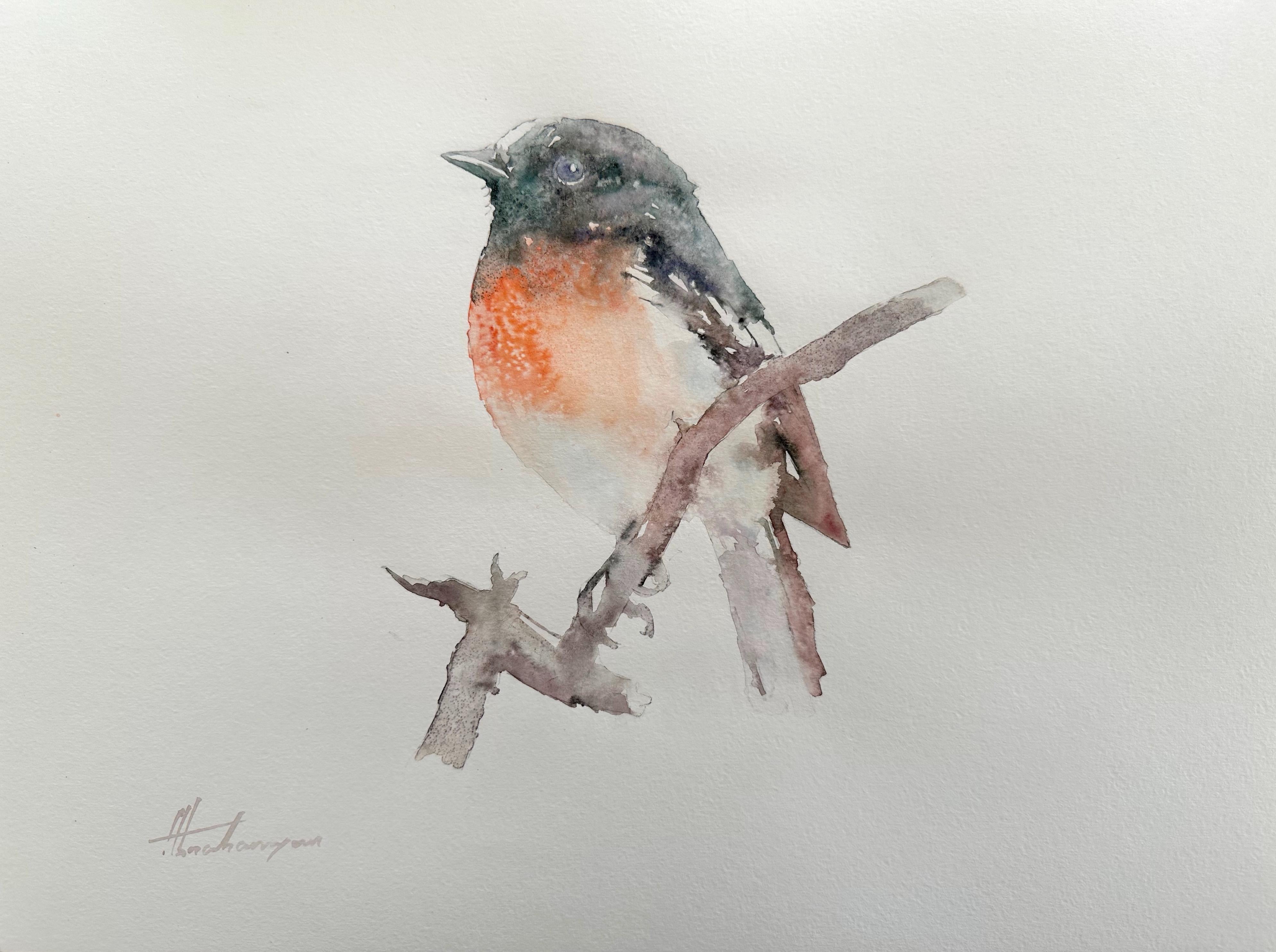 Artyom Abrahamyan - Red Robin, Watercolor Handmade Painting, One of a ...