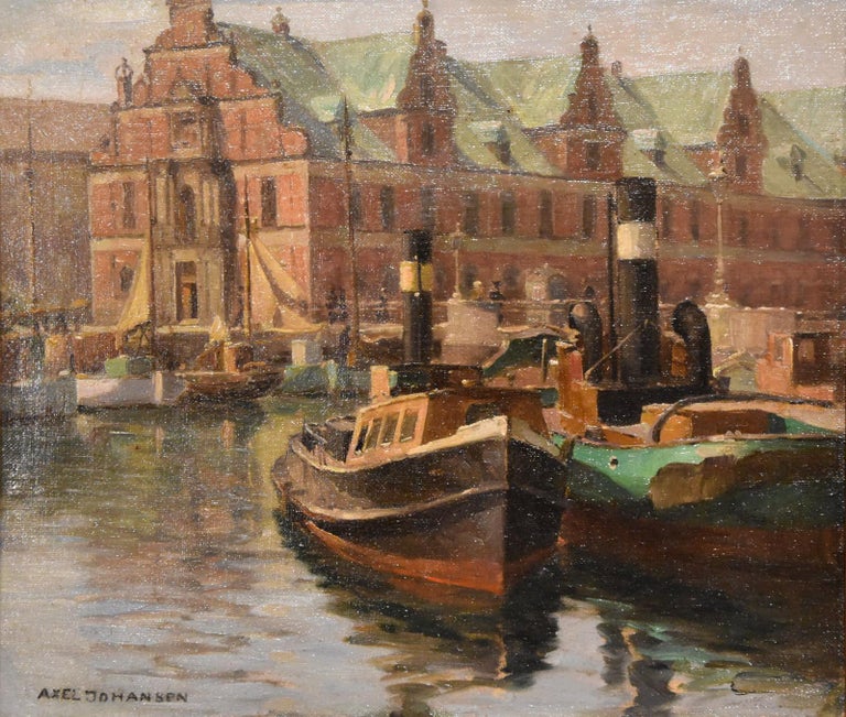 Axel Johansen - Oil Painting by Axel Johansen "A Busy Harbour" at 1stDibs