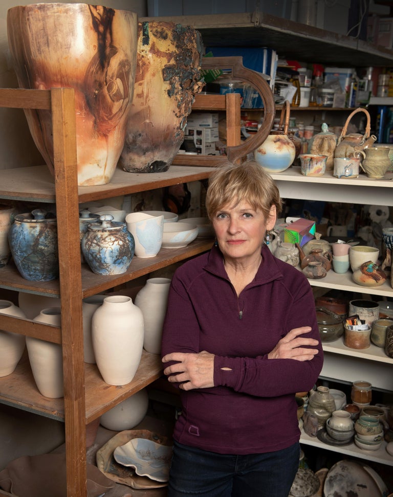 Alison Brannen - "Kintsugi Moon Jar", ceramic sculpture, porcelain vase, gold blue brown, saggar ...