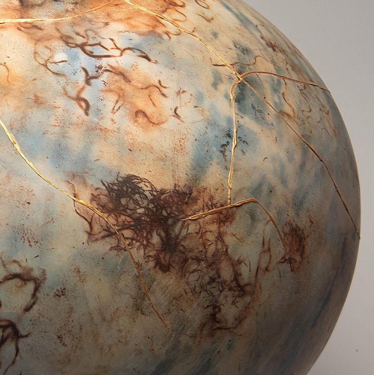 Alison Brannen - "Kintsugi Moon Jar", ceramic sculpture, porcelain vase, gold blue brown, saggar ...