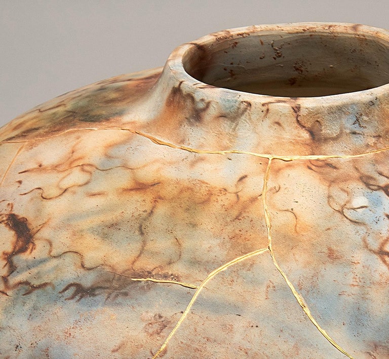 Alison Brannen - "Kintsugi Moon Jar", ceramic sculpture, porcelain vase, gold blue brown, saggar ...