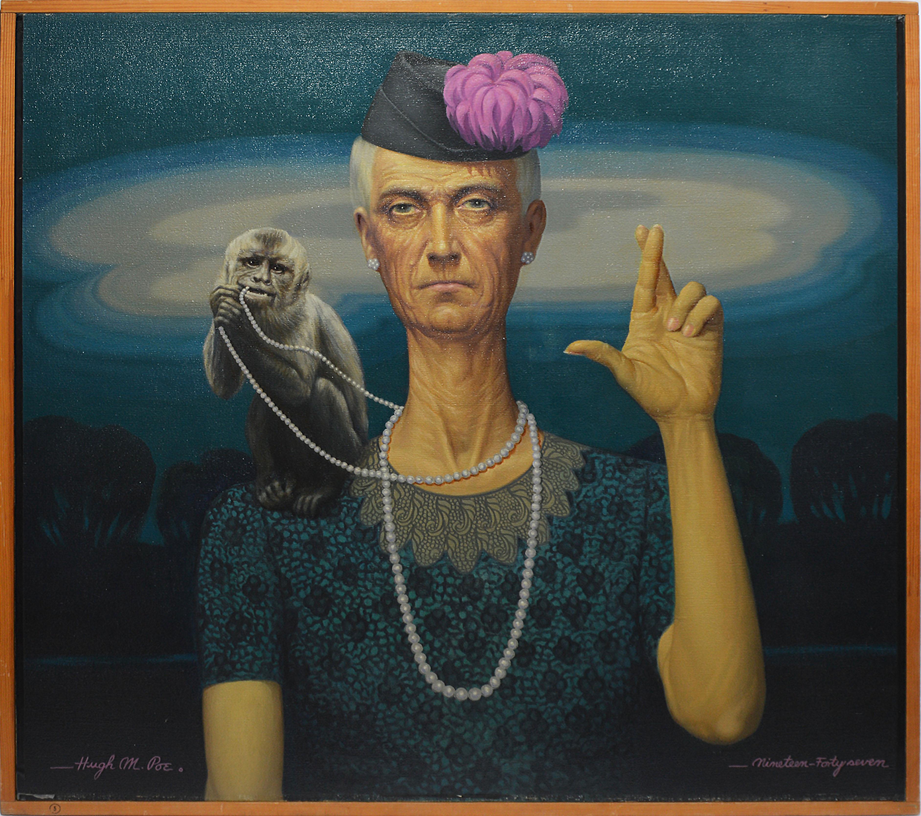 Hue M Poe - Vintage American Surrealist Portrait with Monkey by Hugh M ...