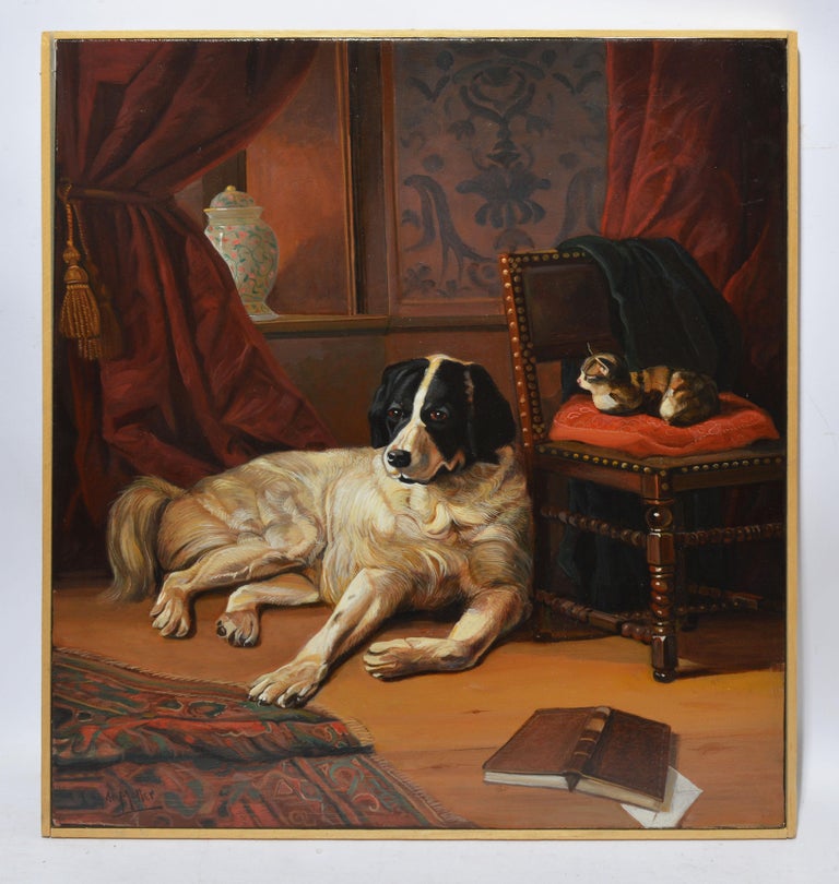 André de Moller - "Friends" Vintage Interior Oil Painting with a Dog ...