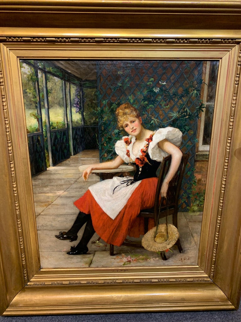 Adolphe Piot - Young Woman with Straw Hat, French Female Portrait, Oil ...