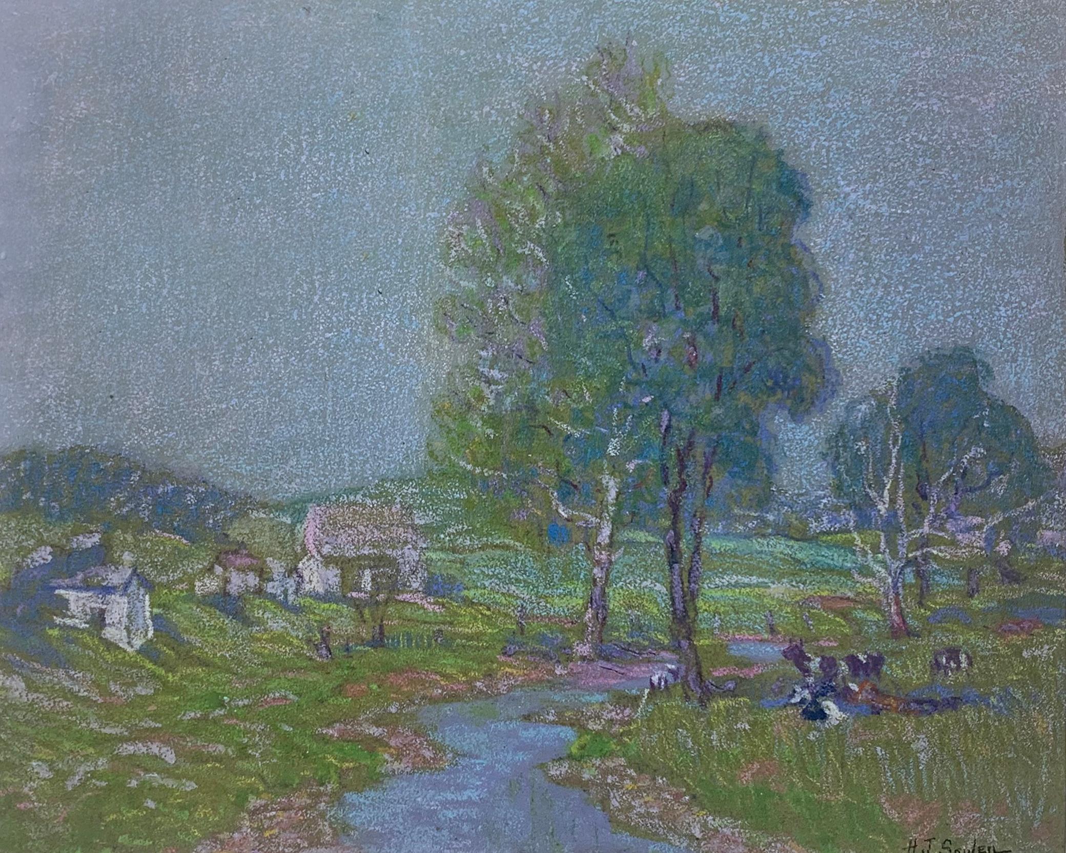 Henry Soulen - Landscape with Cows and Homes by a Stream, Pastel on ...