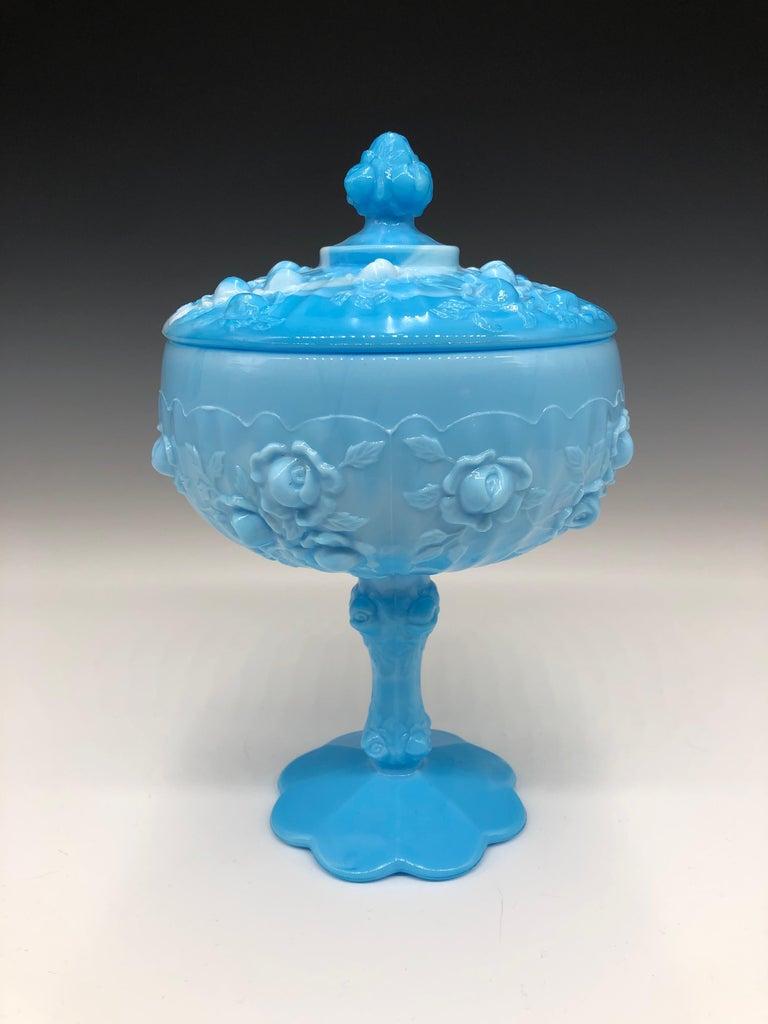 Unknown - Vintage Fenton Blue and White Slag Glass Cabbage Rose Compote ...