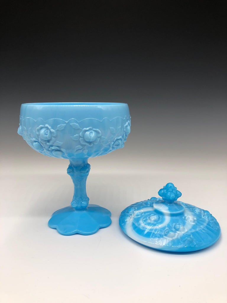 Unknown - Vintage Fenton Blue and White Slag Glass Cabbage Rose Compote ...