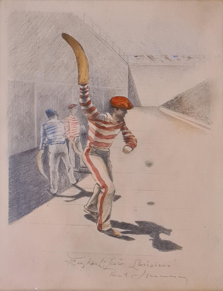 Euskal Jai Parisien, Pelote Basque, Original Gouache and Pencil drawing ...