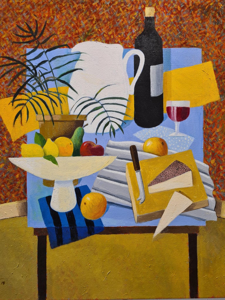 Frank Docherty - Tablescape with Cheese and Wine. Oil on Canvas. at 1stDibs