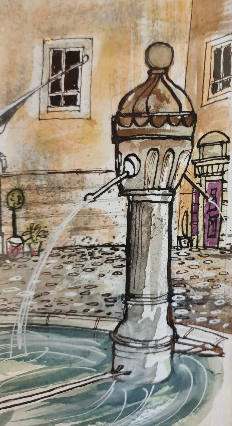 Richard Swallow - Ink and Watercolour of a Fountain in Cotignac ...